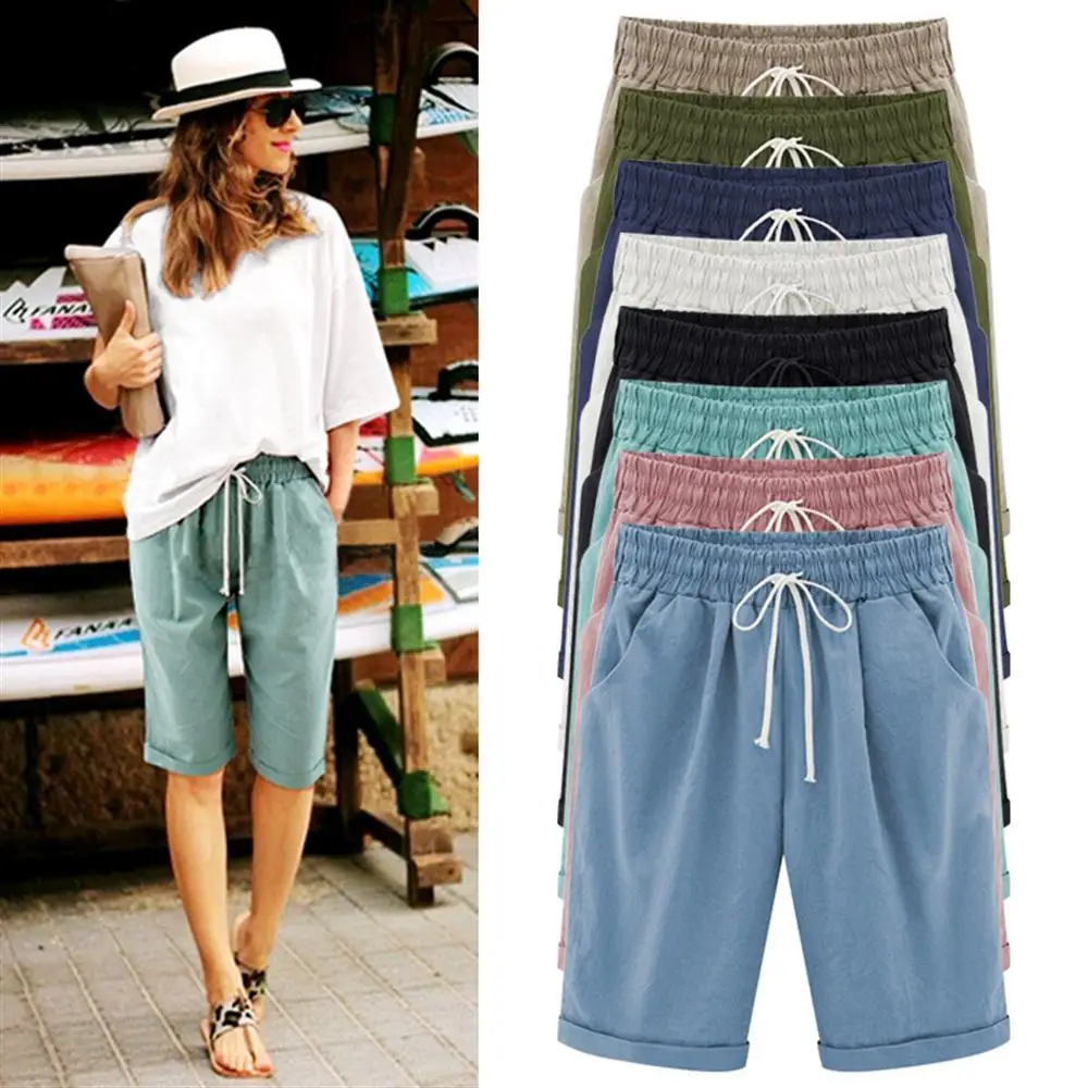 2018 Summer Women Shorts Loose Straight Knee Length Shorts Comfortable Casual Shorts Pocket Plus
