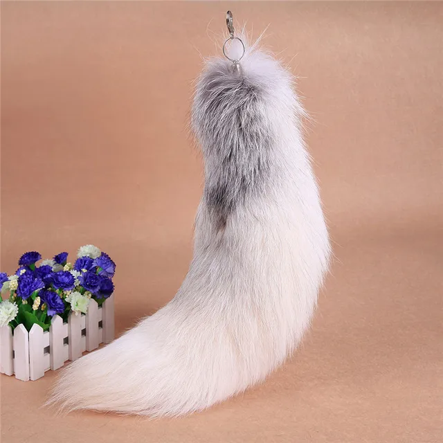 18" Huge Fluffy White Gray Fox Tail Fur Cosplay Toy Alopex Lagopus Ring ...