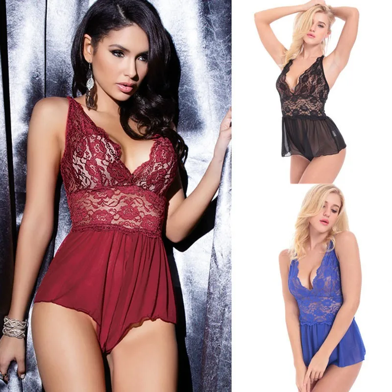 Buy Casual Lenceria Sexy Lingerie Women Hot Lace Open Crotch Sleepwear Plus