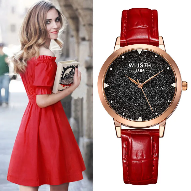 WLISTH Rose Gold Women Watches Leather Watch Star Glowing Dial Luxury ...