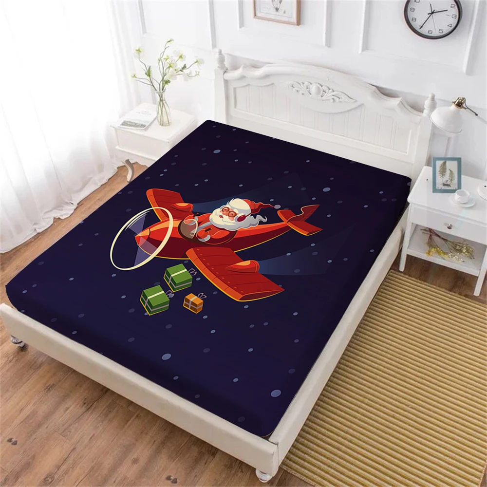 Merry Christmas Bed Sheet Cartoon Santa Claus Plane Print Fitted Sheet ...