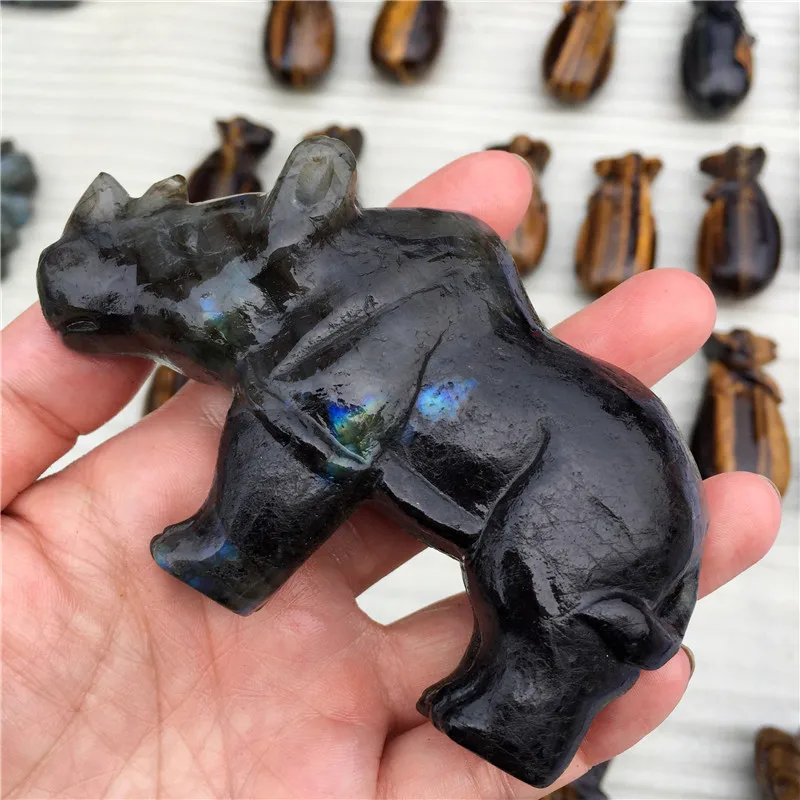Rhinoceros Carving Figurine Labradorite 3.7 inch Carved Animal Gemstone ...