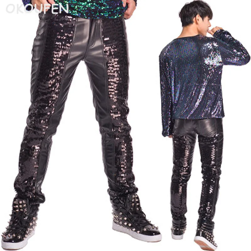 Punk Style Men's Leather Pants Black Sequins Slim Pants Nightclub ...