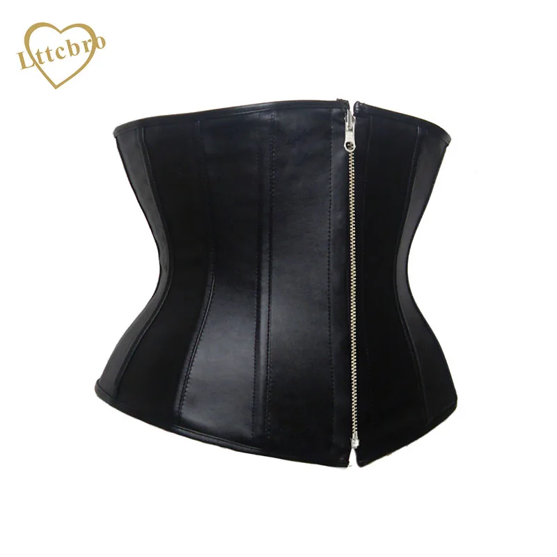 Black Faux Leather Zipper Underbust Corset Sexy Lingerie Body Slimming