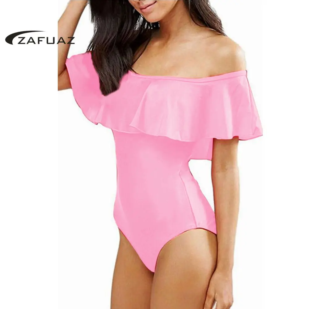 2019 Sexy Solid Pink Ruffle Off Shoulder One Piece Swimsuits Female