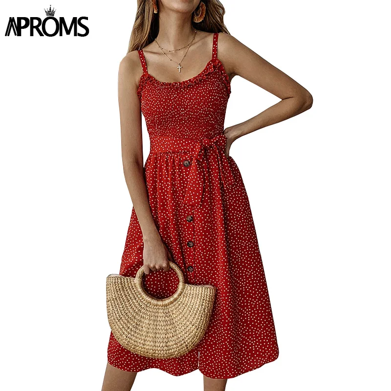Aproms Sexy Backless Ruffles Midi Dress Women Dot Print Sundresses