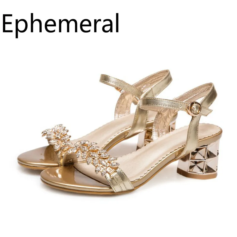 Lady's Luxury Diamond Black Gold Sandals Med Heel Square Open Toe Shoes ...