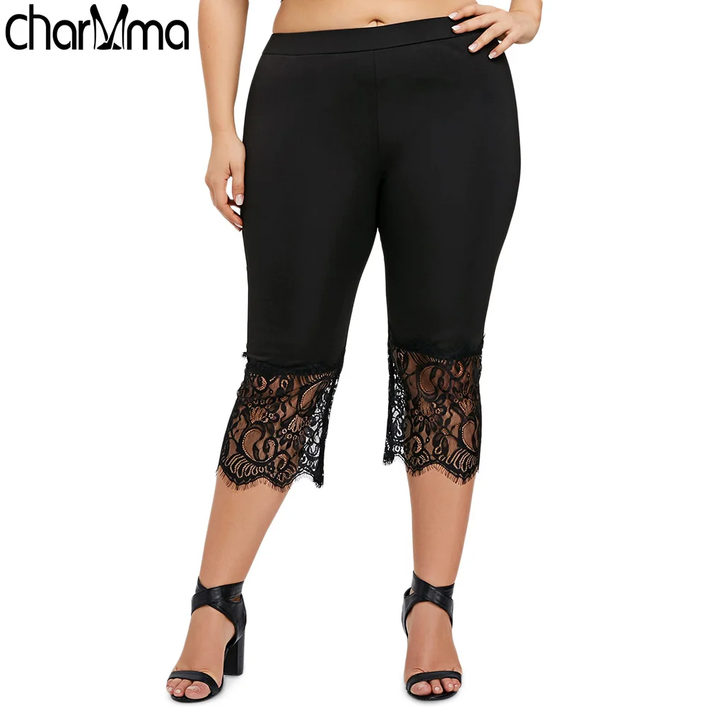 Women Sexy Fitness Crop Legging Calf Length Pants New Lace Trim Capri