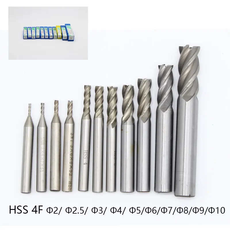 End Mill Hss Set 10pcs 4 Flutes 2to 10mm Milling Cutter Straight Shank Router Bit Cnc Tools Cnc