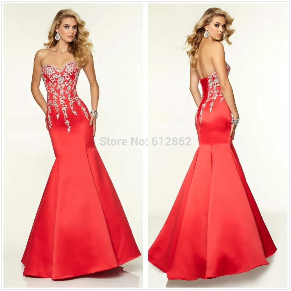 Strapless Beaded Embroidery Satin Red Mermaid Wedding Dress|dress ...