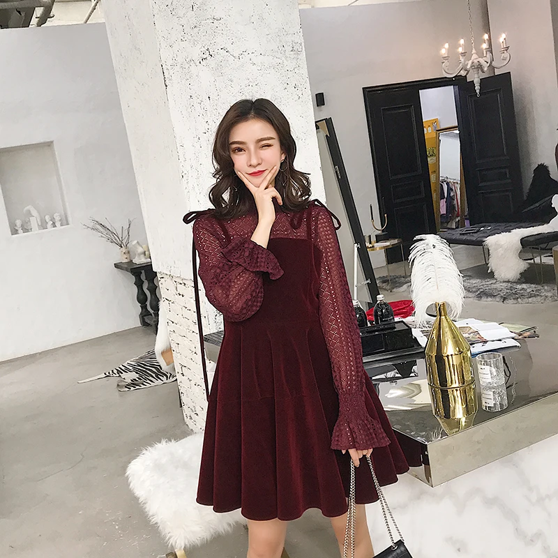 Red Women Dress vintage winter solid velvet shirt dress female spring ...