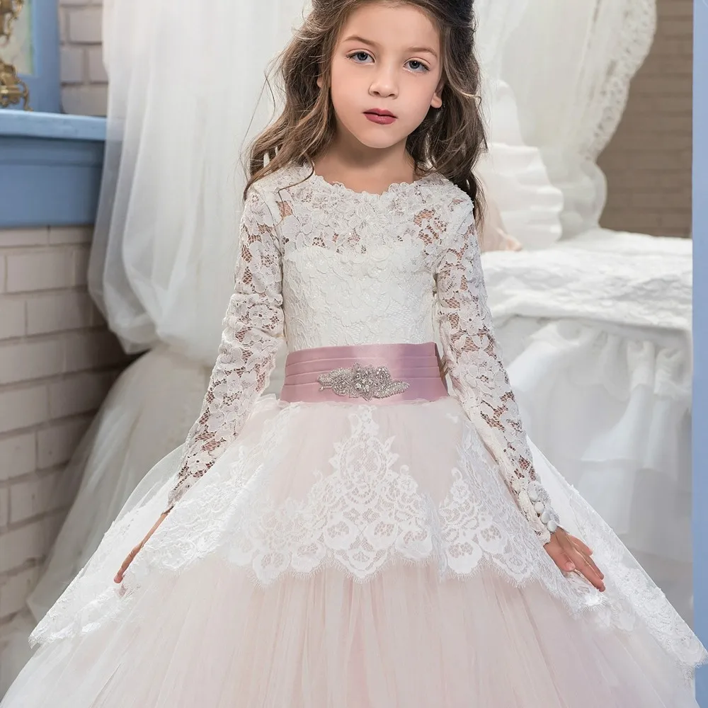 Scoop Lace Long Sleeve Little Flower Girl Dresses 2017 Long Train Light Pink Tulle Puffy Ball
