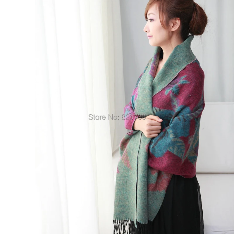 European Style Wool Rectangular Wrap/Scarf with Snow Lotus Patterns ...