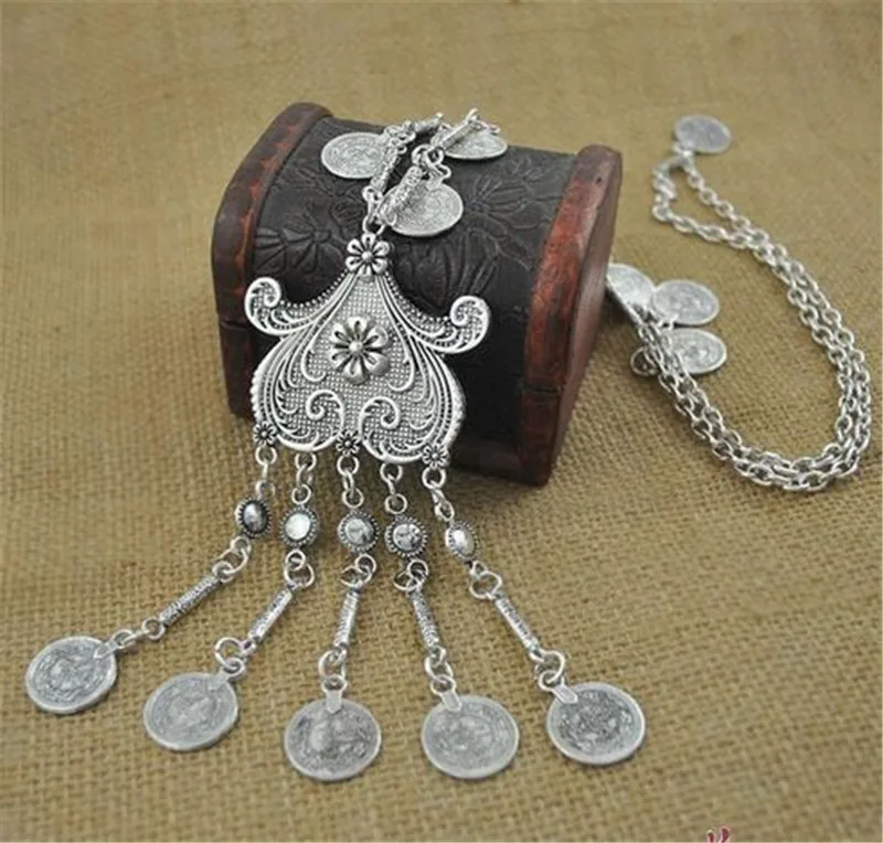 Bohemian Vintage Coin Long Pendant Necklace Silver Chain Gypsy Tribal