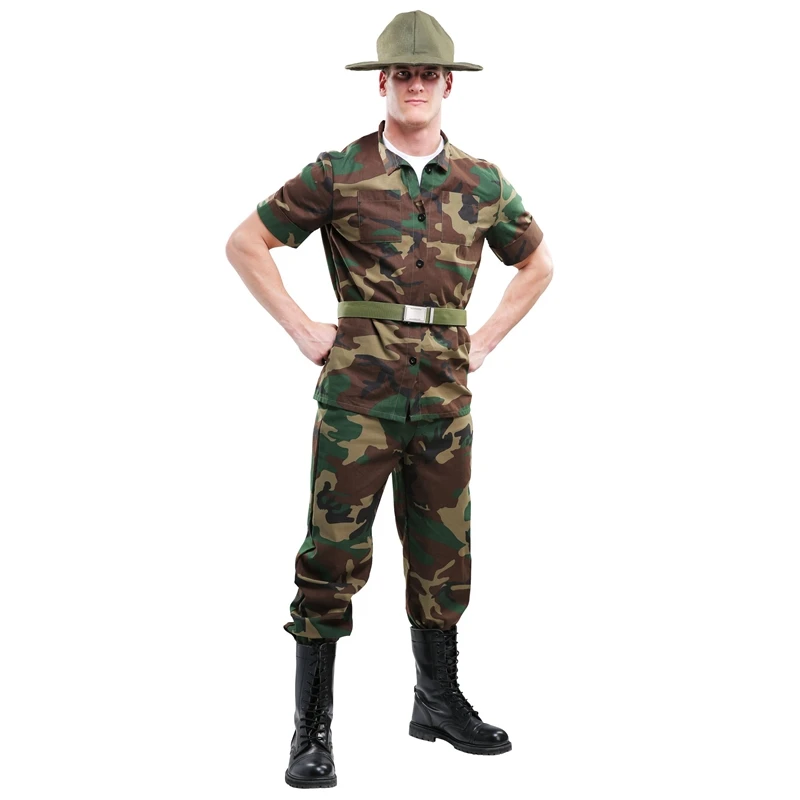 Unique Mens Drill Sergeant Costume Halloween Adult Soldier Disguise ...