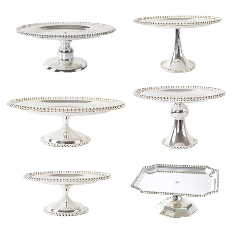 Fashion Silver Metal Cake Stand Dessert PlateS With Beads Decor Desktop ...