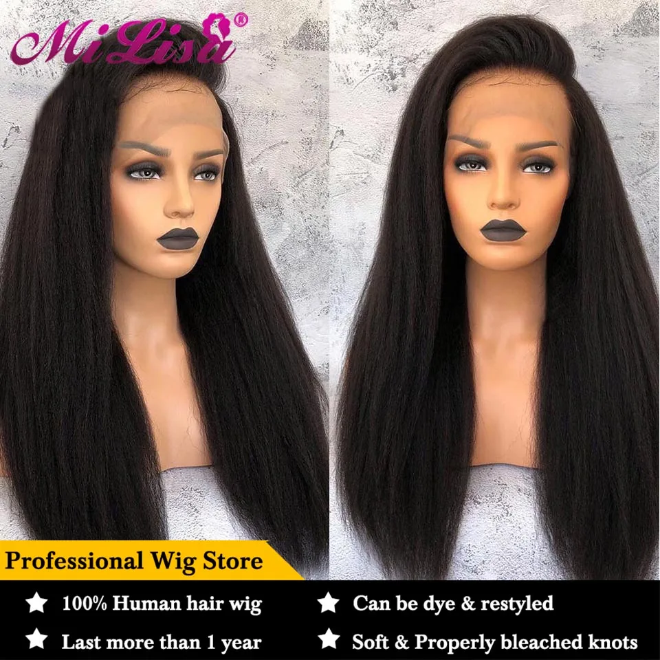 Kinky Straight Wigs Brazilian 150 Density Yaki Human Hair Wigs Frontal Preplucked Lace Wigs For