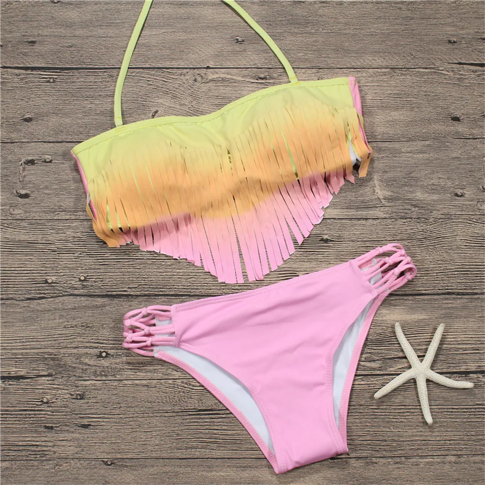 Tassel Bikini Set Gradient Color Swimsuit Strappy Bikini Set Bandage