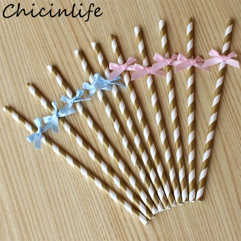 Chicinlife 10Pcs Pink/Blue Striped Bows Paper Drinking Straws Wedding ...