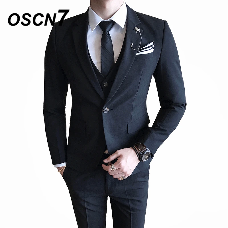 OSCN7 Casual Business Plain 3 Piece Suit Men 2019 Wedding Dress Solid ...
