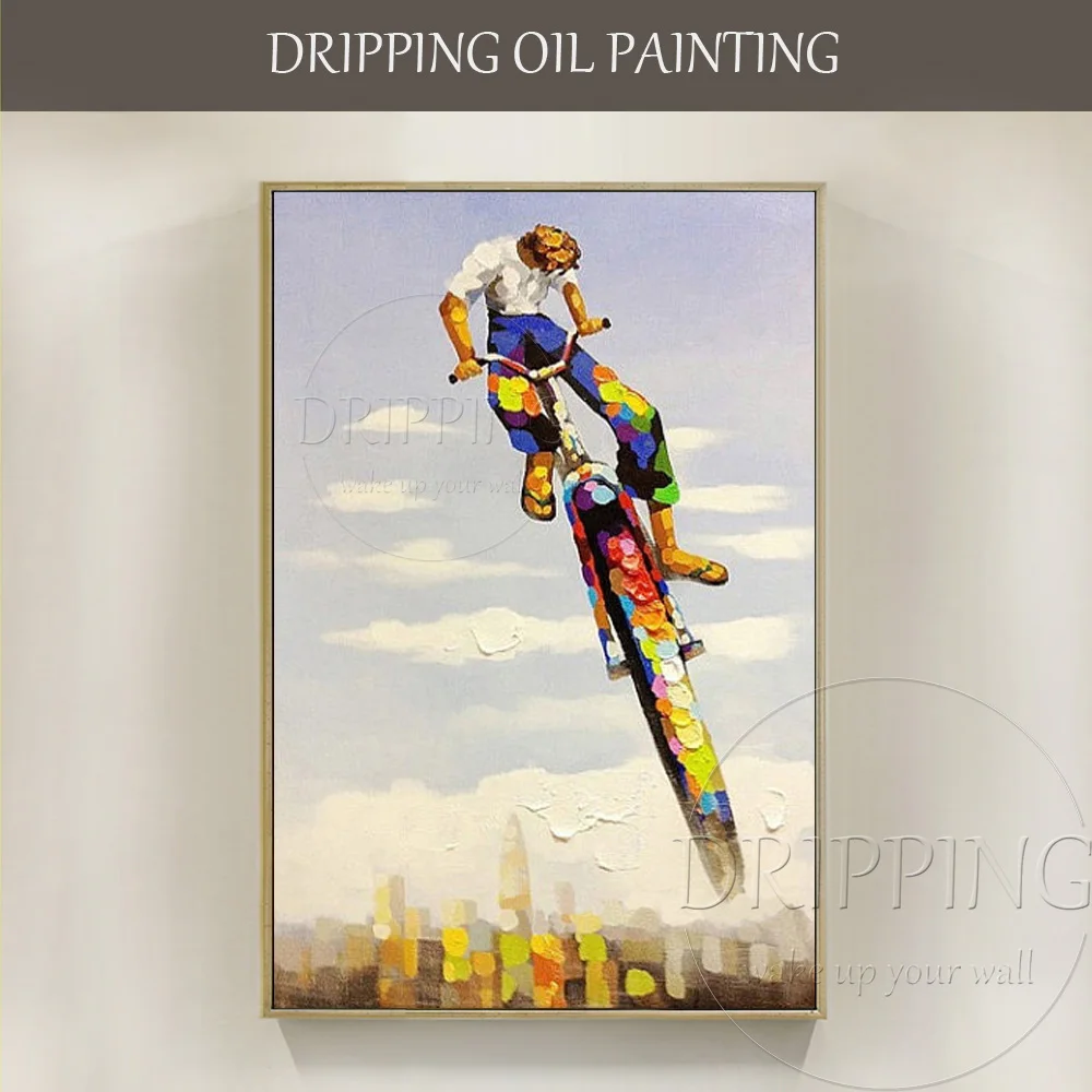 Funny Design Artist Hand-painted A Man Riding Big Bicycle Oil Painting ...