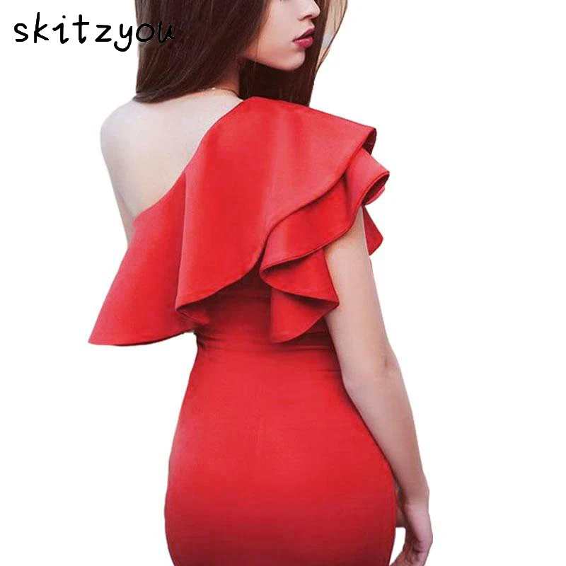 Skitzyou Women Summer Sexy Ruffles Black Short Dress Off Shoulder