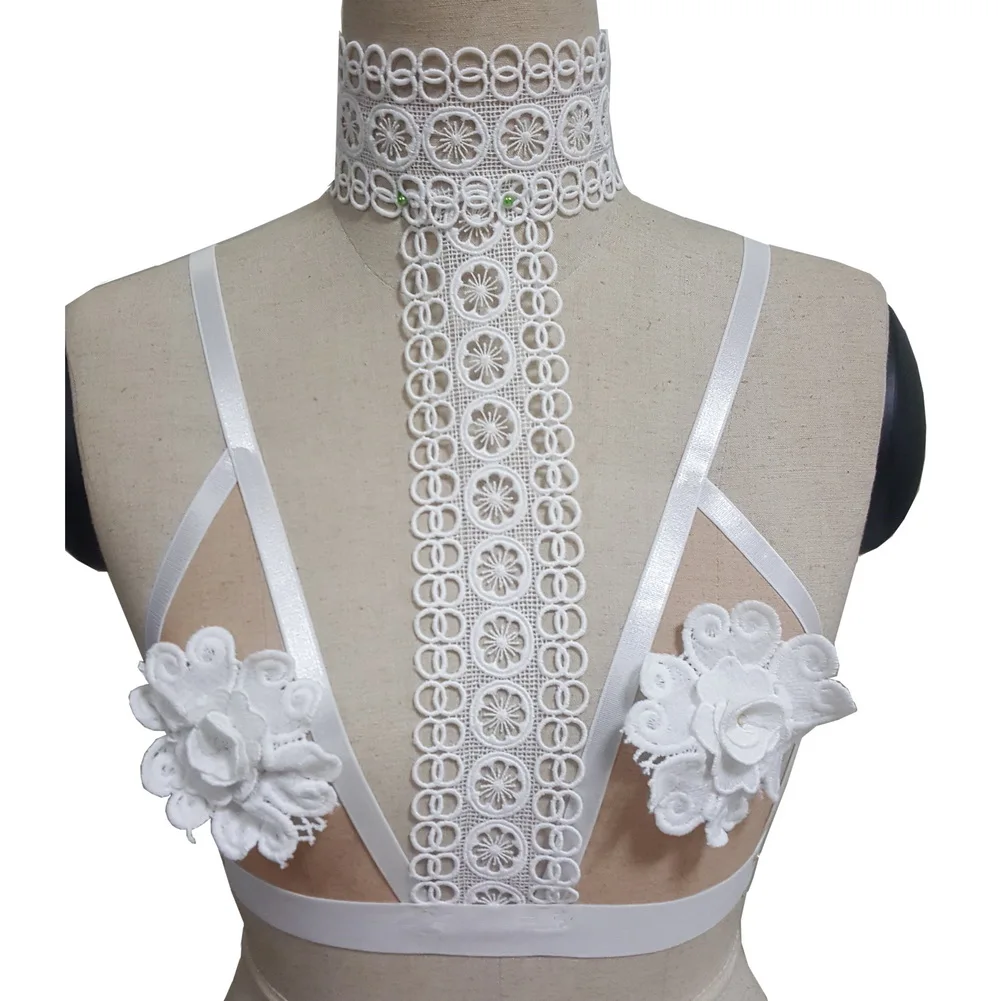 Sexy White Floral Lace Bralette Crop Top Bridal Wedding Erotic Lingerie Chocker Necklace Top