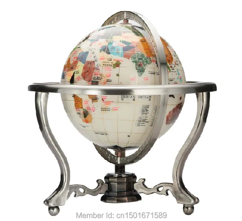 Table Top Semi Precious Gemstone World Globe With Brass Stand And Compass Desktop Home Office