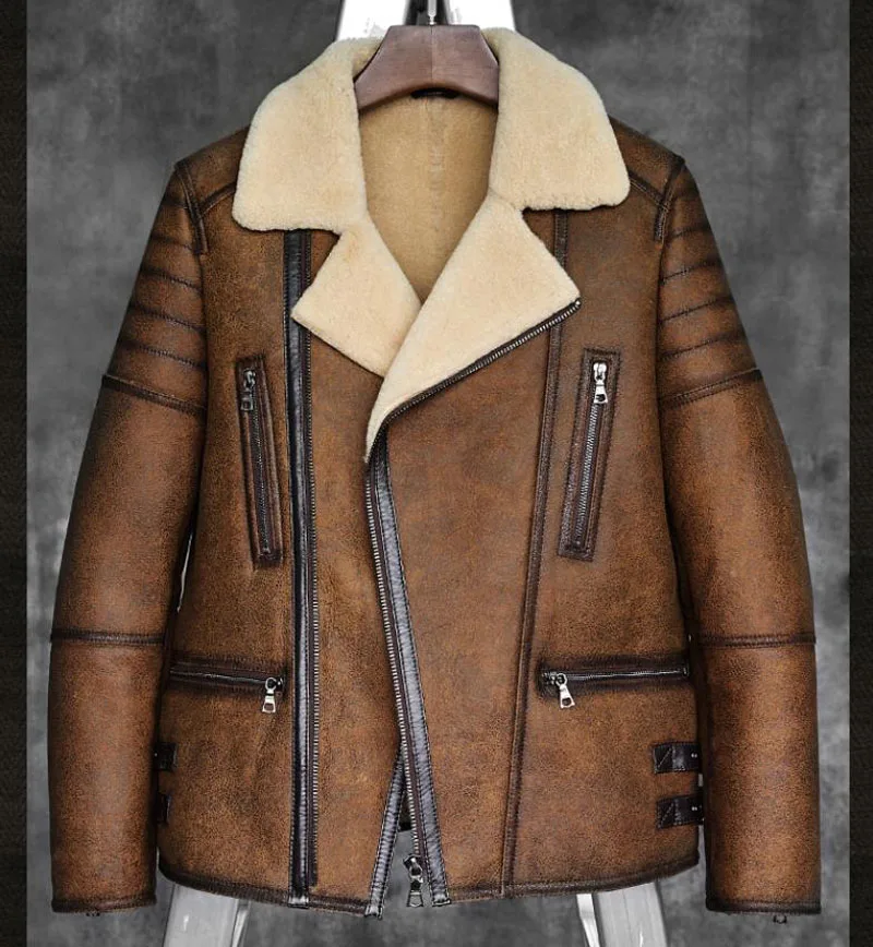 Shearling Coat Mens B-6 Sheepskin Bomber Jacket Short Aviator Fur Coat ...