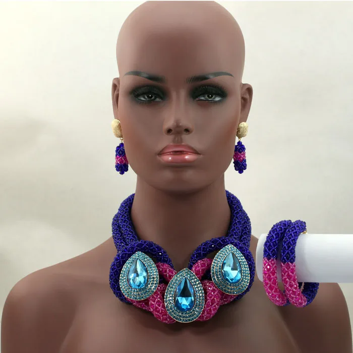 2017 Luxury Royal Blue/pink African Beaded Jewelry Set Nigerian Wedding ...
