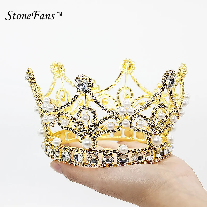 StoneFans Elegant Crystal Hair Pearl Crowns Tiaras Gold Pearl Headband ...