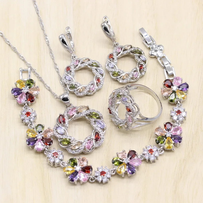 925 Sterling Silver Jewelry Multicolor Cubic Zirconia Jewelry Sets For ...