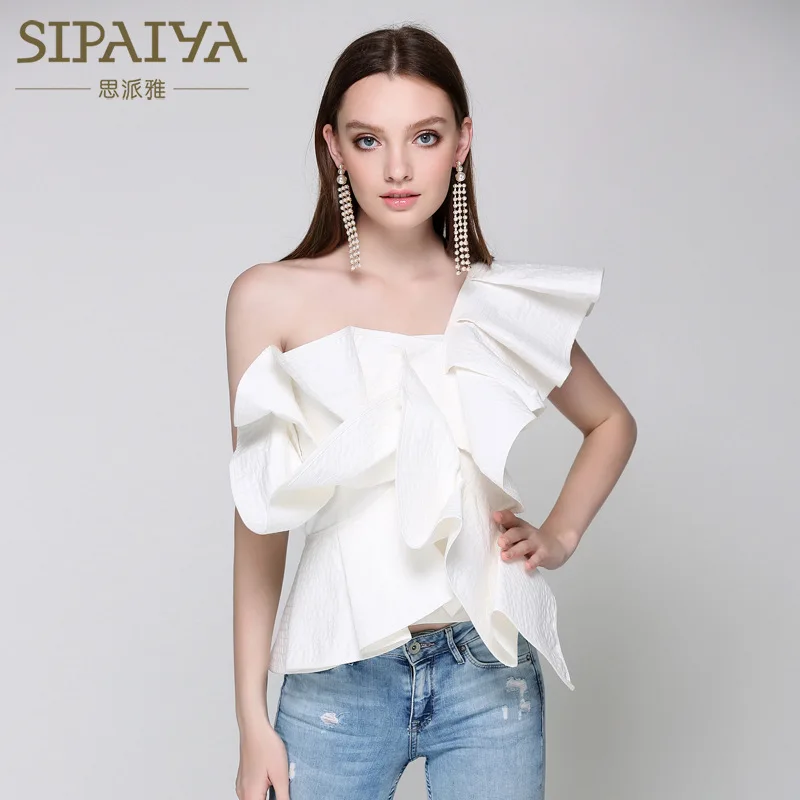 Sipaiya Um Ombro Ruffles Blusa Camisa Das Mulheres 2017 Off Ombro Legal