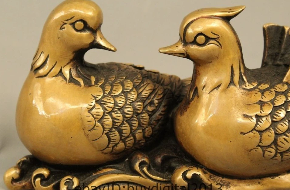 8" Folk Chinese Bronze Copper 2 Love Bird Mandarin Duck Aix ...