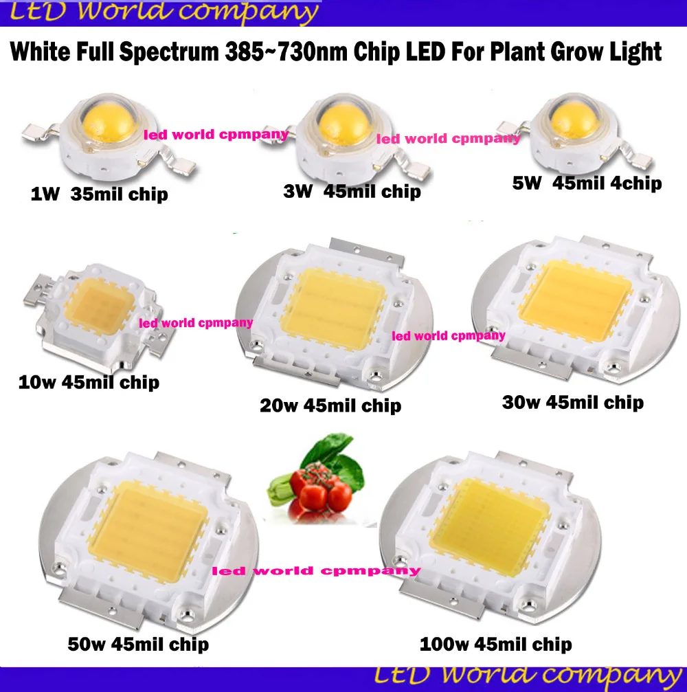 고출력 LED 칩, 3W 10W 20W 30W 50W 100W 백색 전체 스펙트럼 385 ~ nm 1800LM 9000LM 9 ...