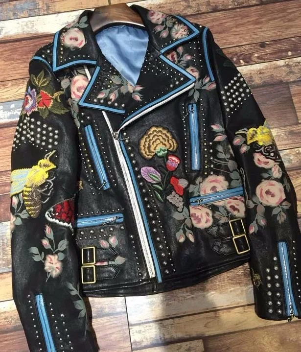 Hand-painted Leather Jacke Biker Coat Women's Embroidery Jacket ...