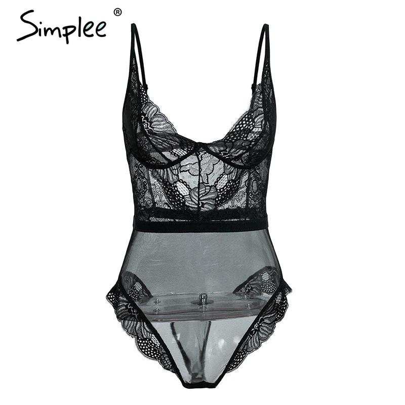Simplee Strap Bodycon White Lace Bodysuit Sexy Backless Mesh Bodysuit