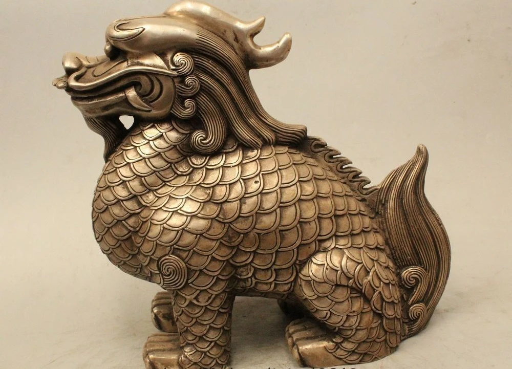 10" China Folk Feng Shui Bronze Silver Foo Dogs Dragon Kylin Beast ...