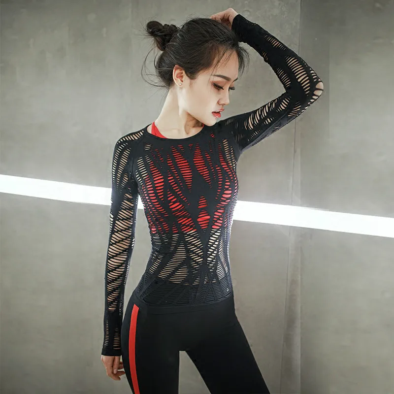 New Women Mesh Hollow Out Sexy Yoga Top Full Sleeve Sport T Shirt Quick