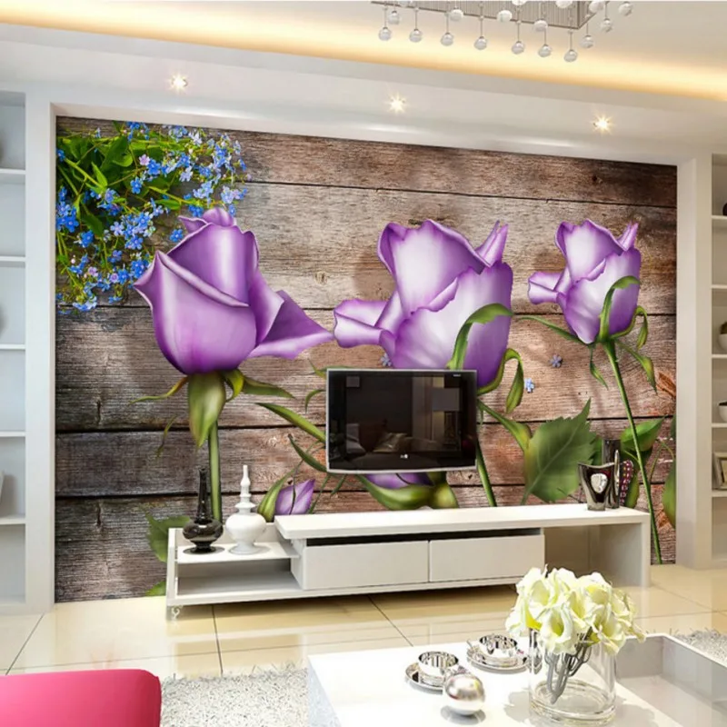 Custom photo wallpaper Purple Rose wooden wall background custom high ...