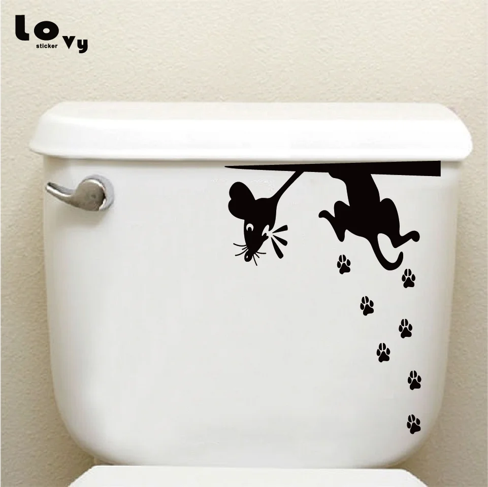 Funny Cat Footprints And Mouse Vinyl Toilet Sticker Art Mural Bathroom ...