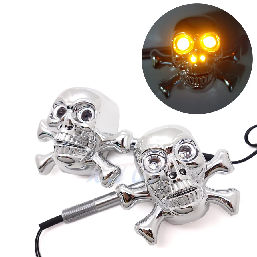 Chrome ABS Skull LED Turn Signal Lights For Harley CUSTOM CAFE Crusier ...