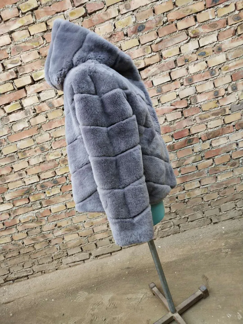 Short Light Grey Diagonal Stripes Rex-Fur Hooded Coat Jacket Black Real ...