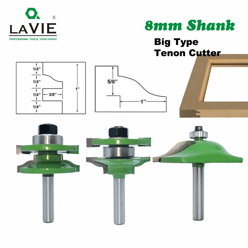 LAVIE 8mm Shank 3pcs Big Cabinet Rail & Stile Tenon Router Bit Set Door ...