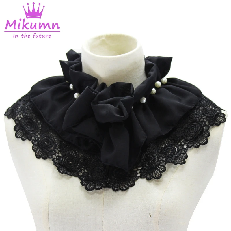 Black Fake Collar Women Detachable Lace Pleated Ruffles Collar Pearl ...