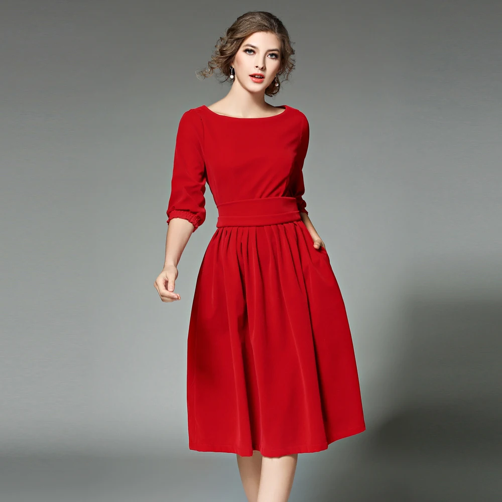 Autumn Women Pleated Dress Patchwork Lantern Sleeve Red Dresses ...
