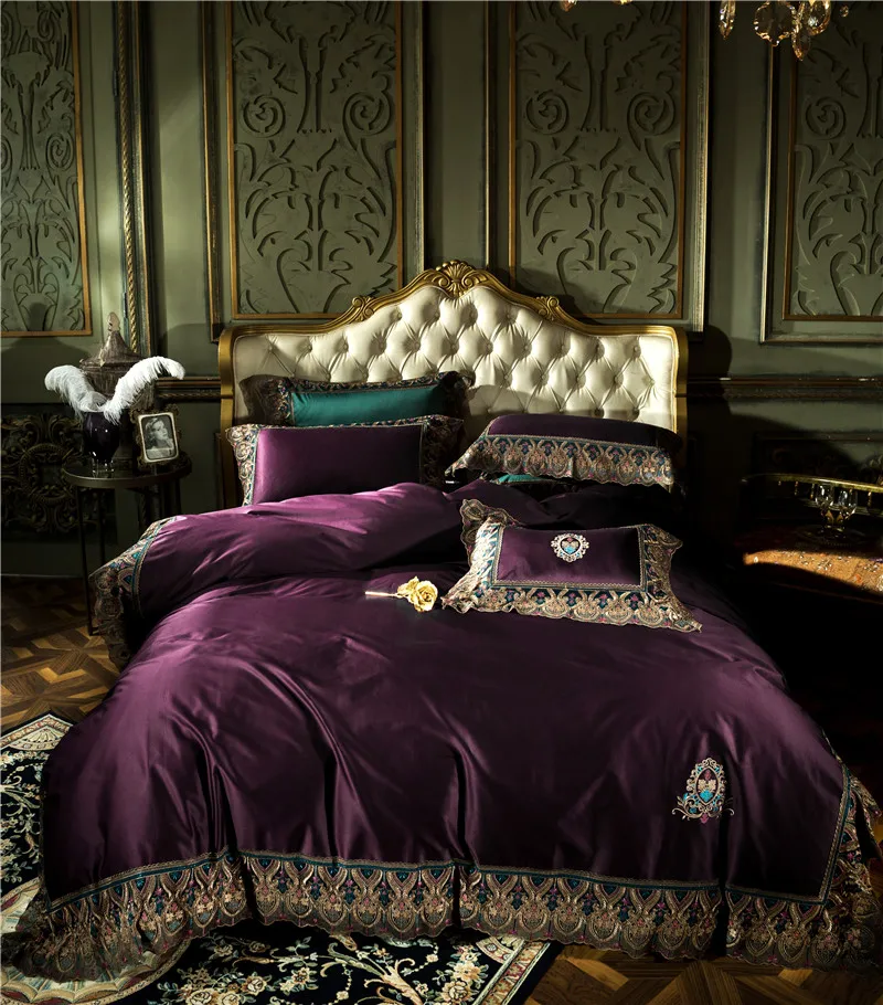 Purple Green Luxury Golden Lace Embroidery 100s Egyptian Cotton Bedding