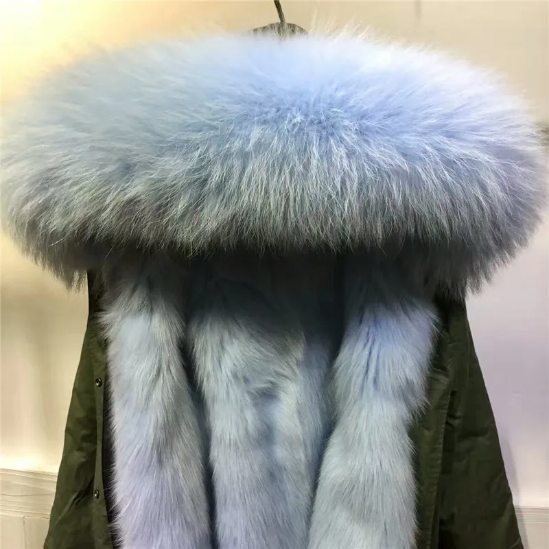 Thick Warm Light blue winter fox fur lining jacket raccoon fur hooded outerwear women coats real ...
