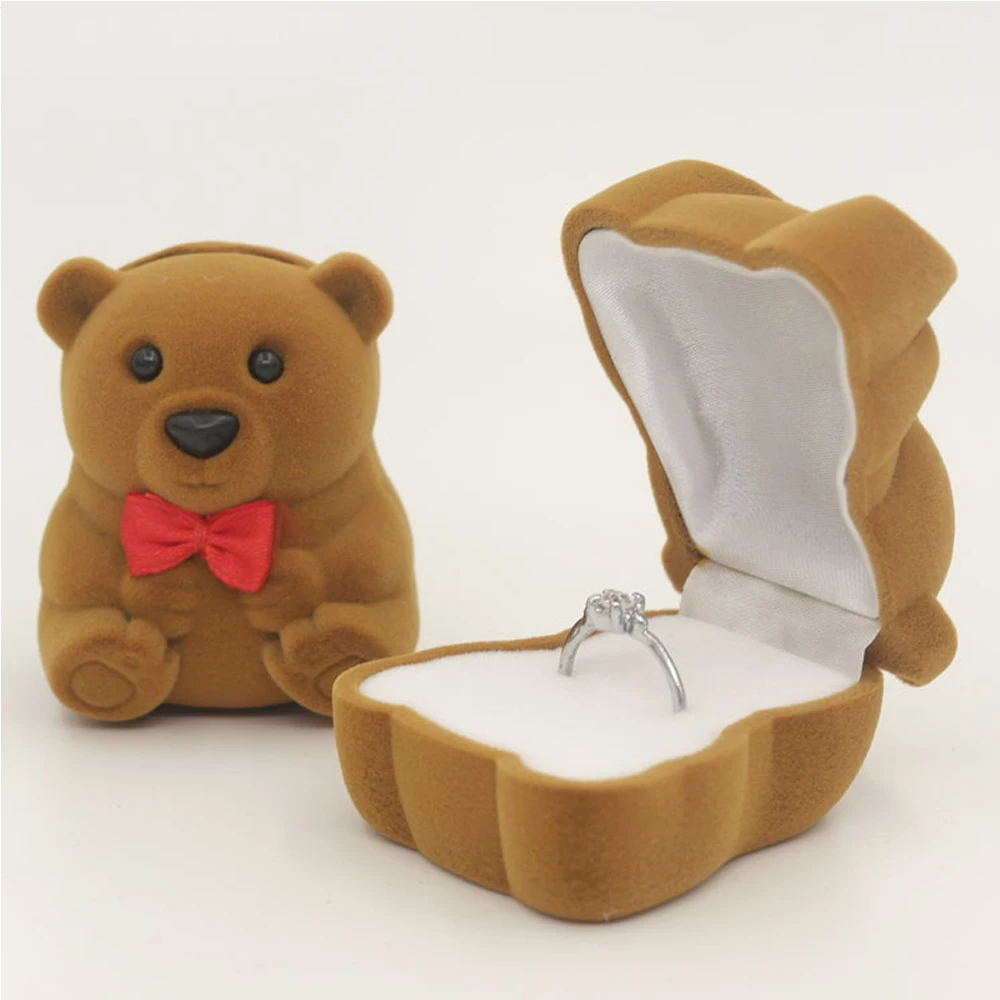 Brown Color Velvet Cute Bear Ring Earring Jewelry Box Wedding Gift ...