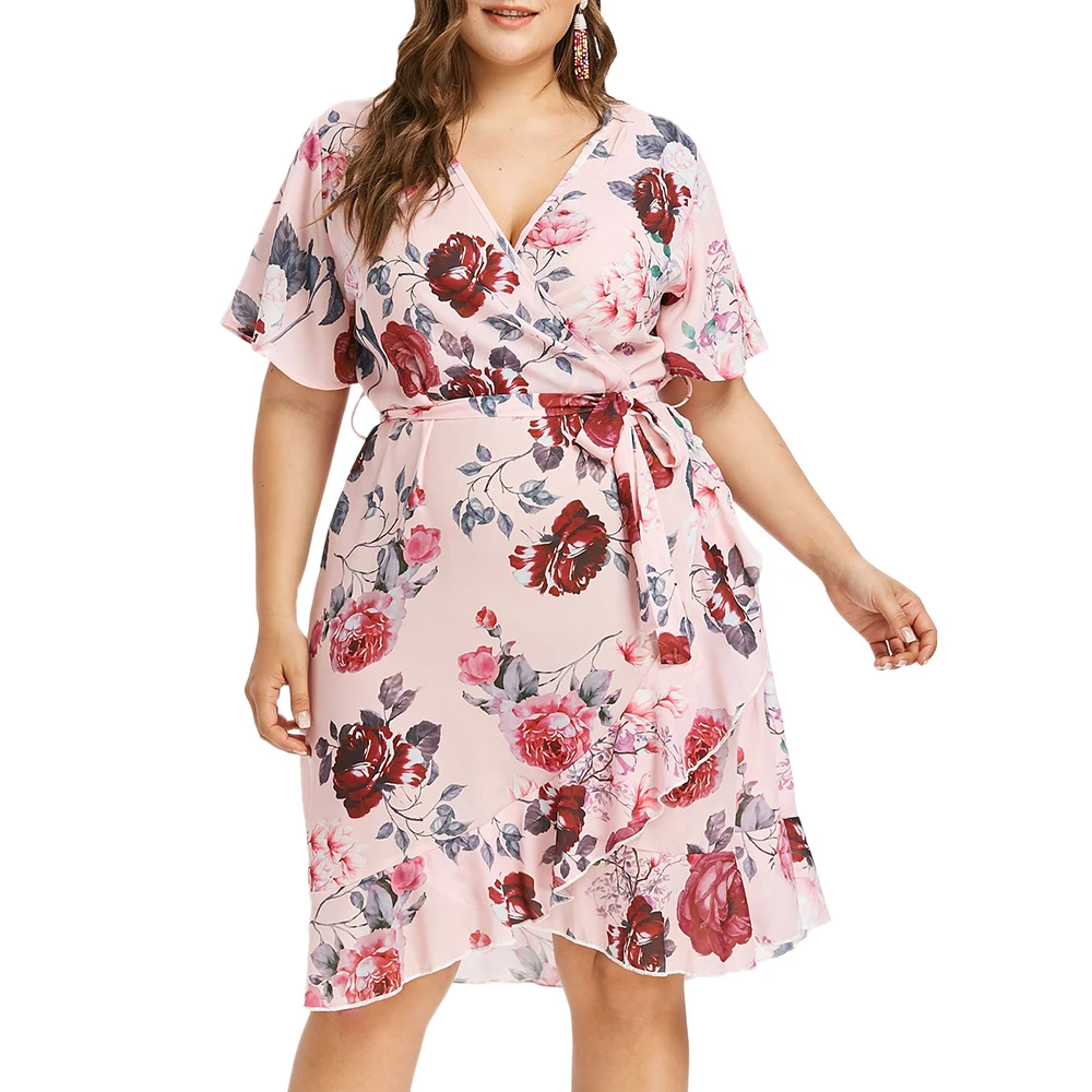 Women Summer Dress Plus Size Short Sleeve Floral Print Lady Dresses ...